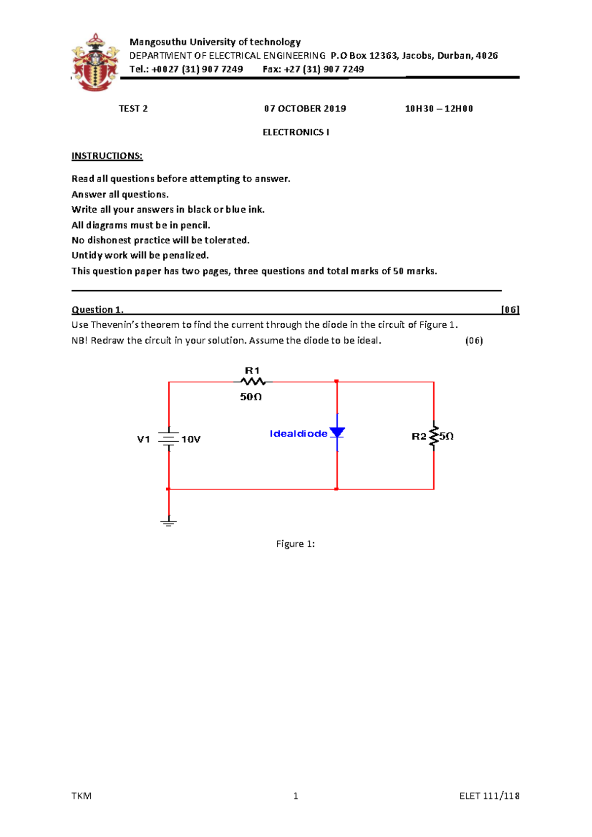 TEST 2 07 October 2019 - Elec - Mangosuthu University of technology ...