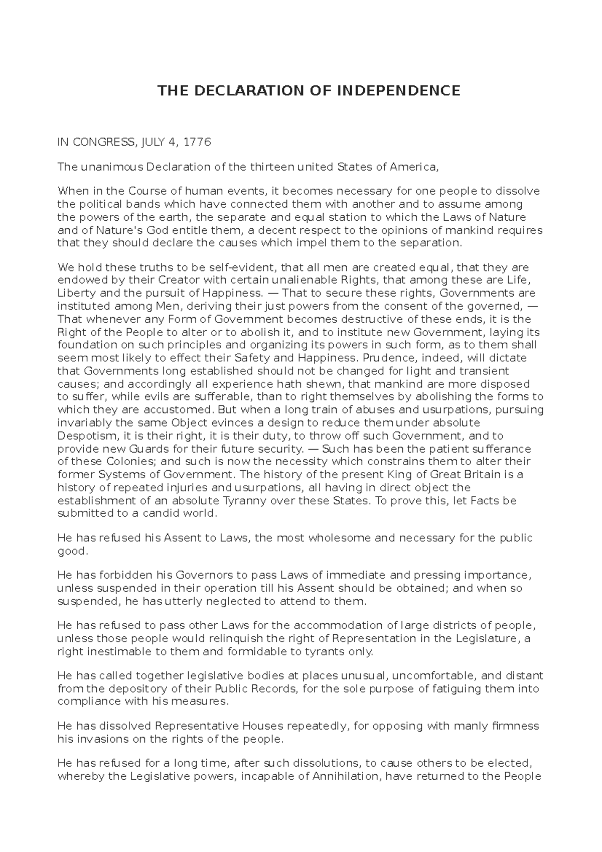 THE Declaration OF Independence - THE DECLARATION OF INDEPENDENCE IN ...