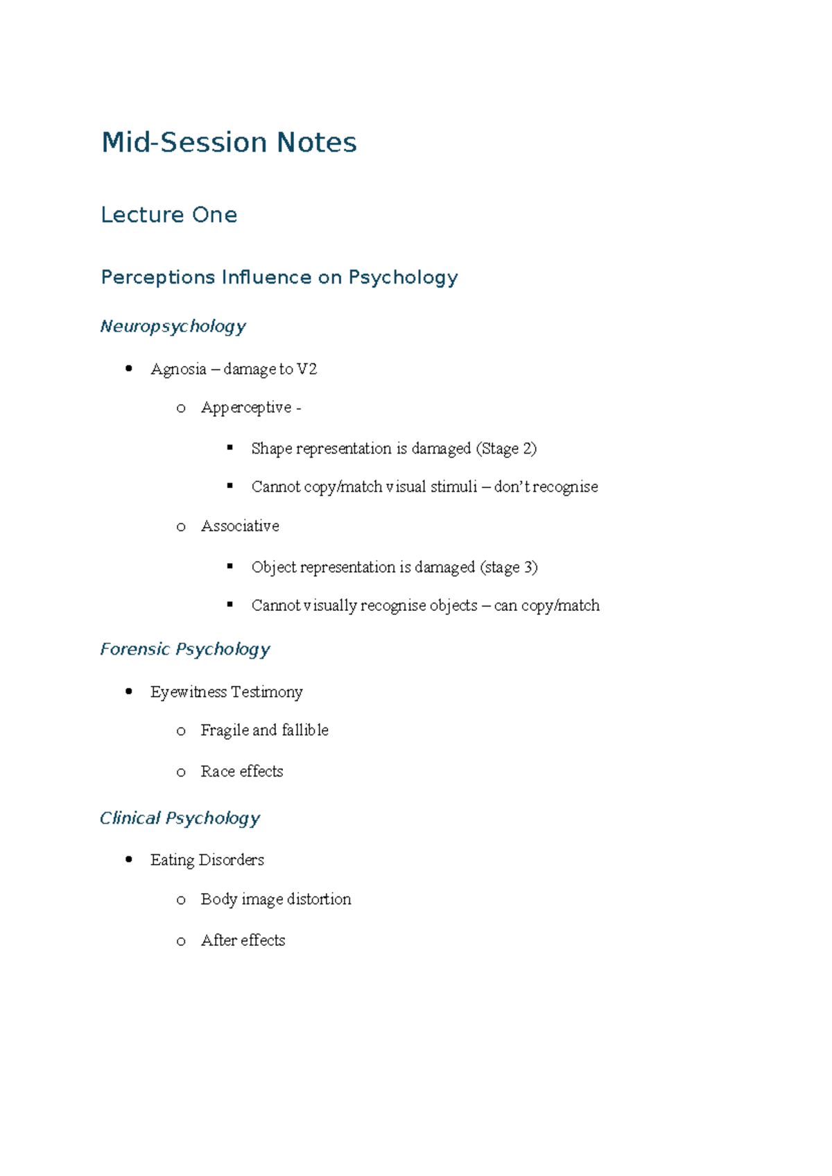 week 1 2 3 summaries - Mid-Session Notes Lecture One Perceptions ...