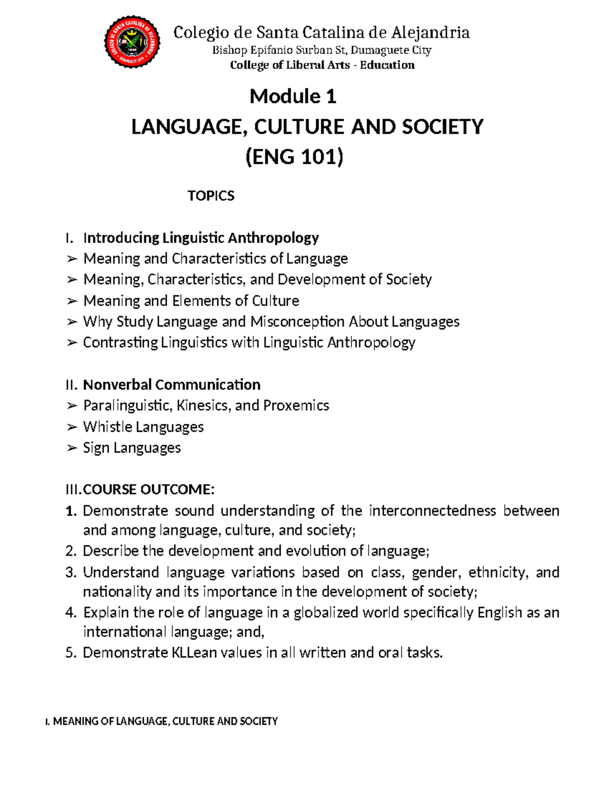 ENG 101 Module - LANGUAGE CULTURE AND SOCIETY - Bishop Epifanio Surban ...