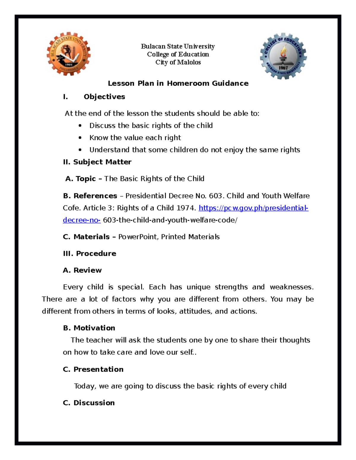 Lesson Plan in Homeroom Guidance - Bulacan State University College of ...