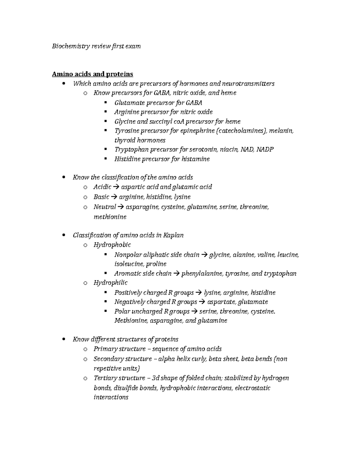 Biochemistry review for 1st test - Biochemistry review first exam Amino ...