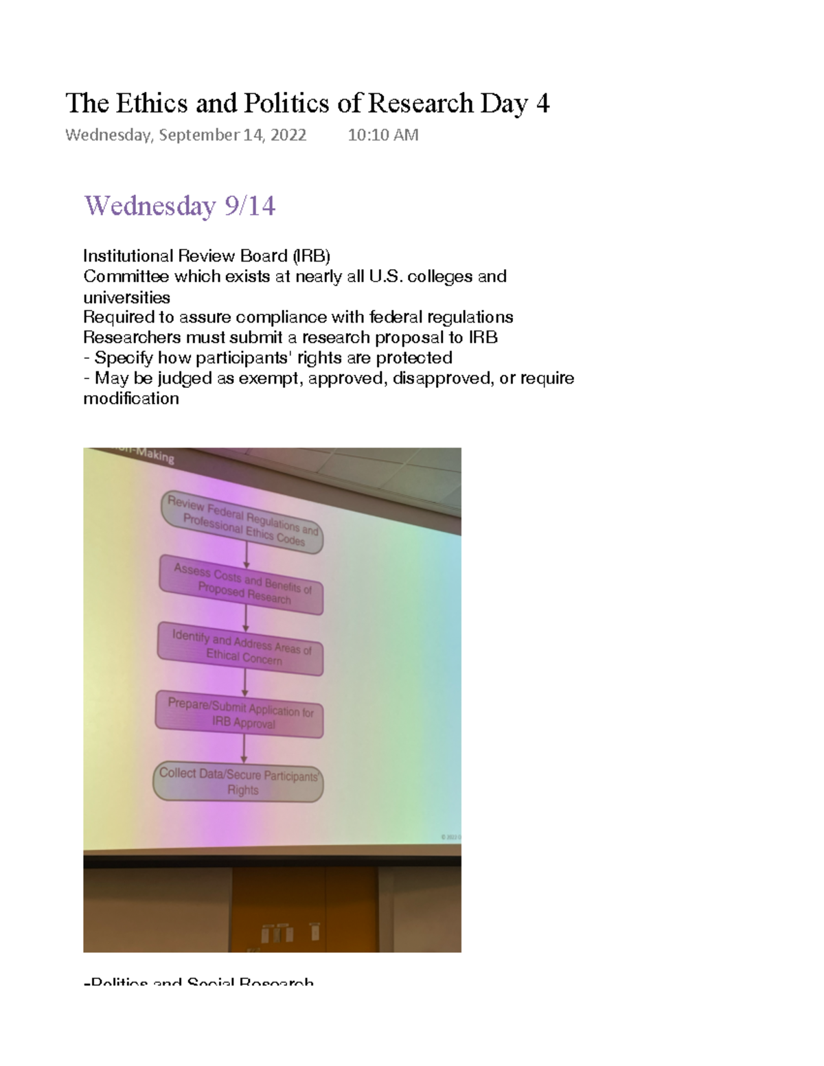 The Ethics and Politics of Research Day 4 - Wednesday 9/ Institutional ...