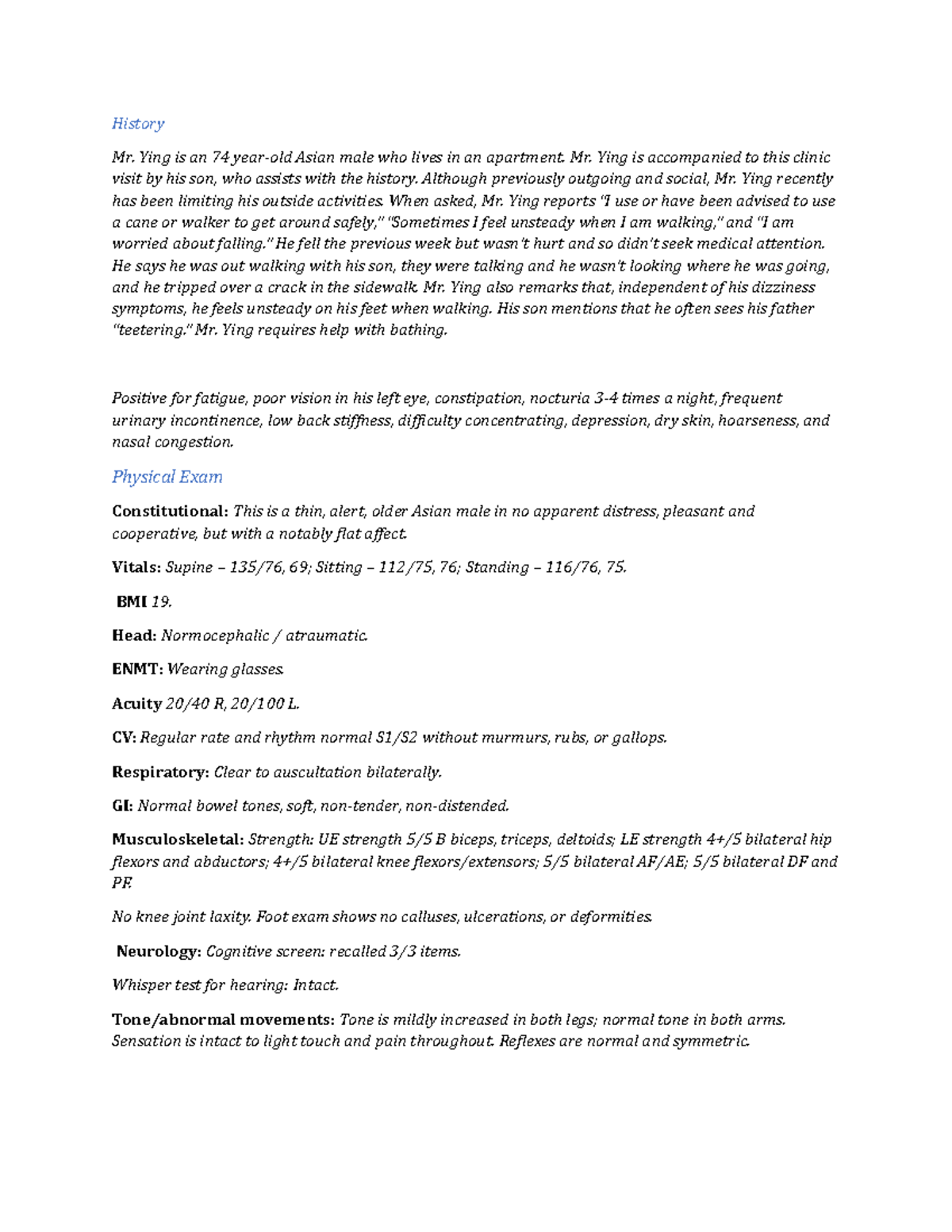 CASE- Study-FALL - Sample Case Study - History Mr. Ying is an 74 year ...
