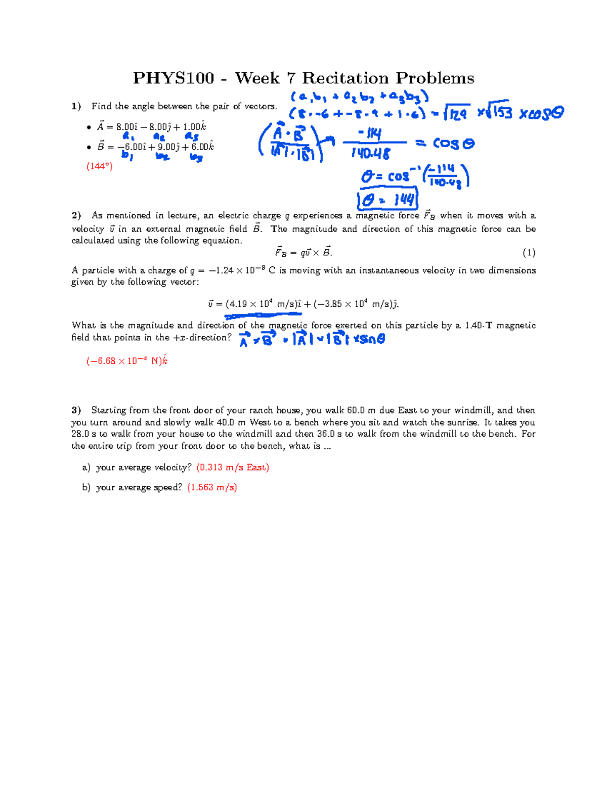 Recitation physics - practice - PHYS100 - Week 7 Recitation Problems Find the angle between the ...