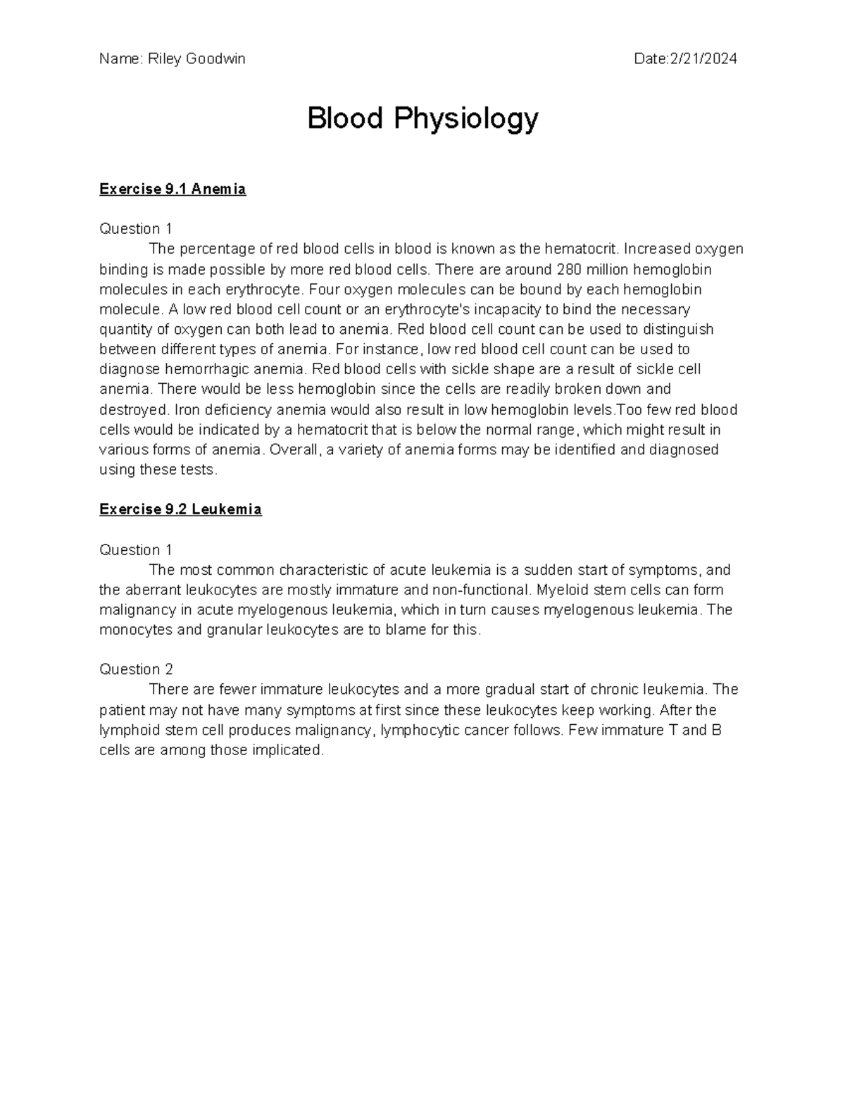 Blood lab lab report- Riley Goodwin - Name: Riley Goodwin Date:2/21/ Blood Physiology Exercise 9 ...