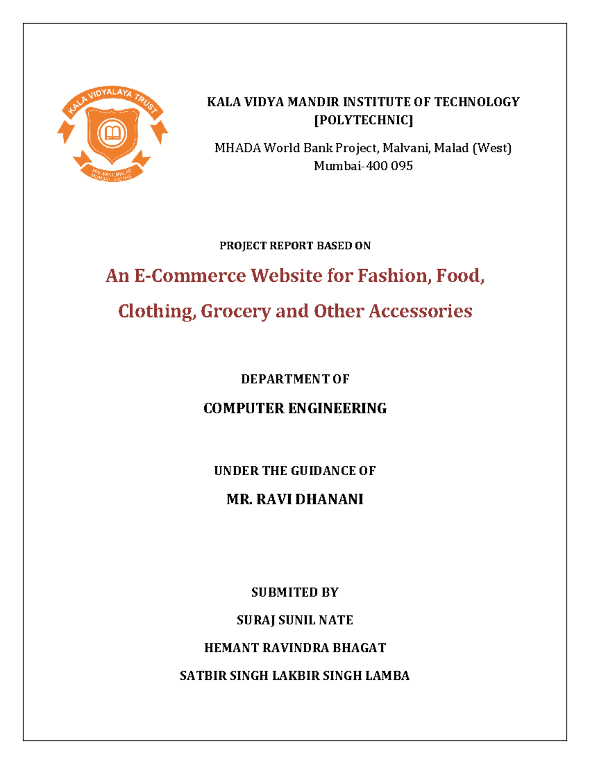 Capstone Project Report - KALA VIDYA MANDIR INSTITUTE OF TECHNOLOGY ...