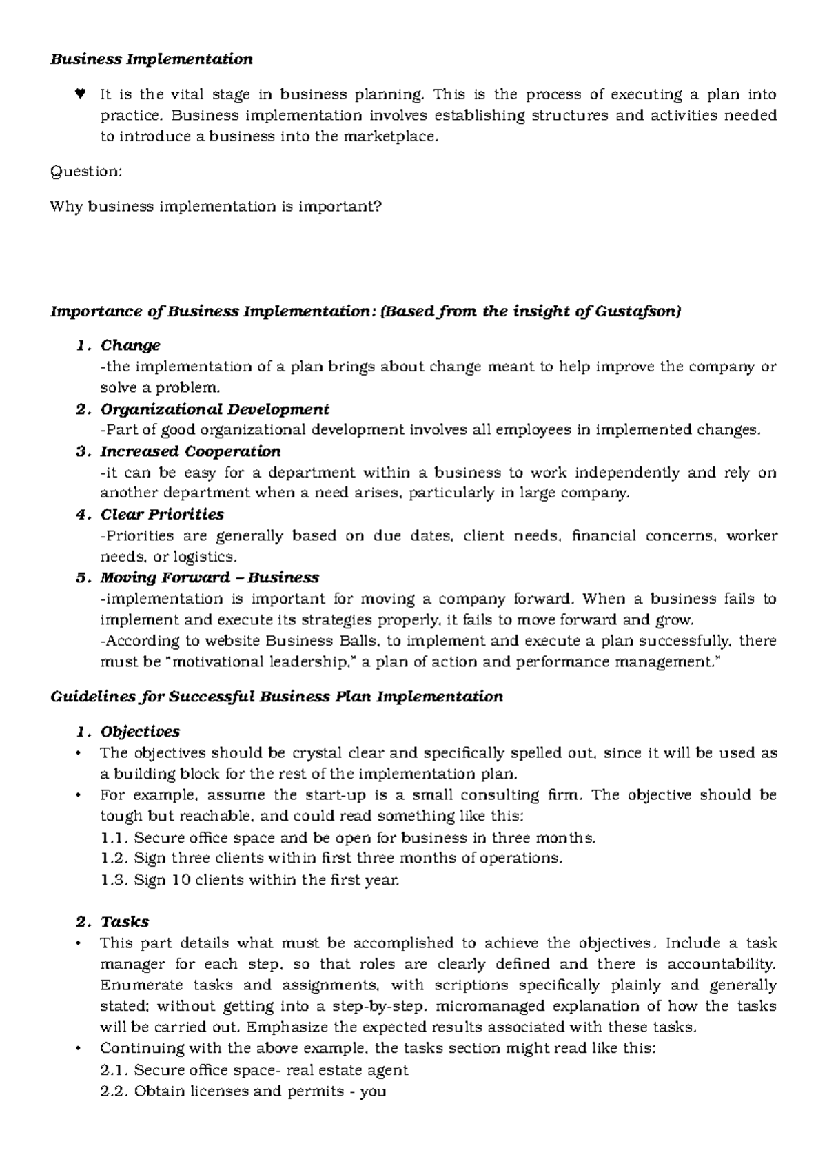 Business Implementation and Its Importance Notes - Business ...