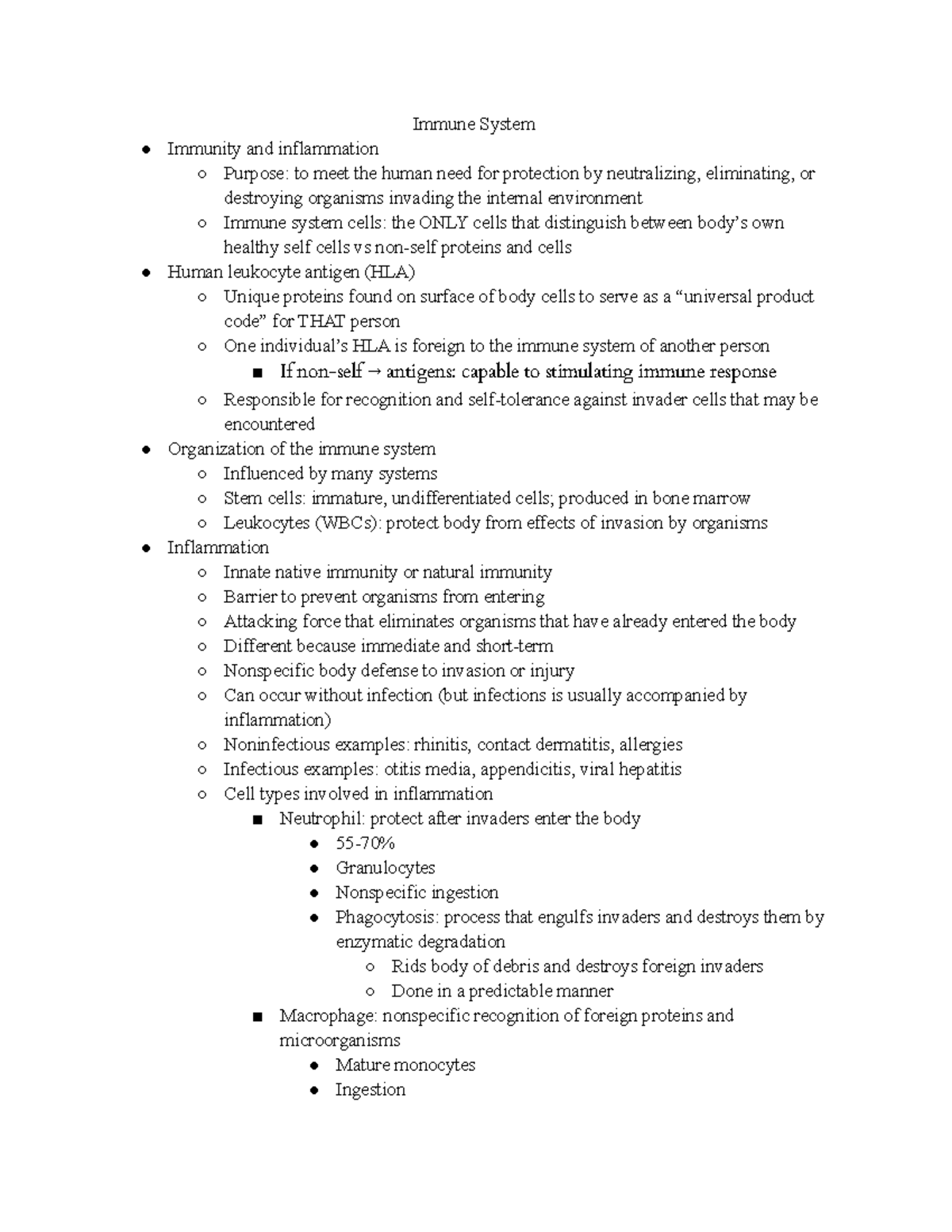 Immune System Notes - Immune System Immunity and inflammation Purpose ...