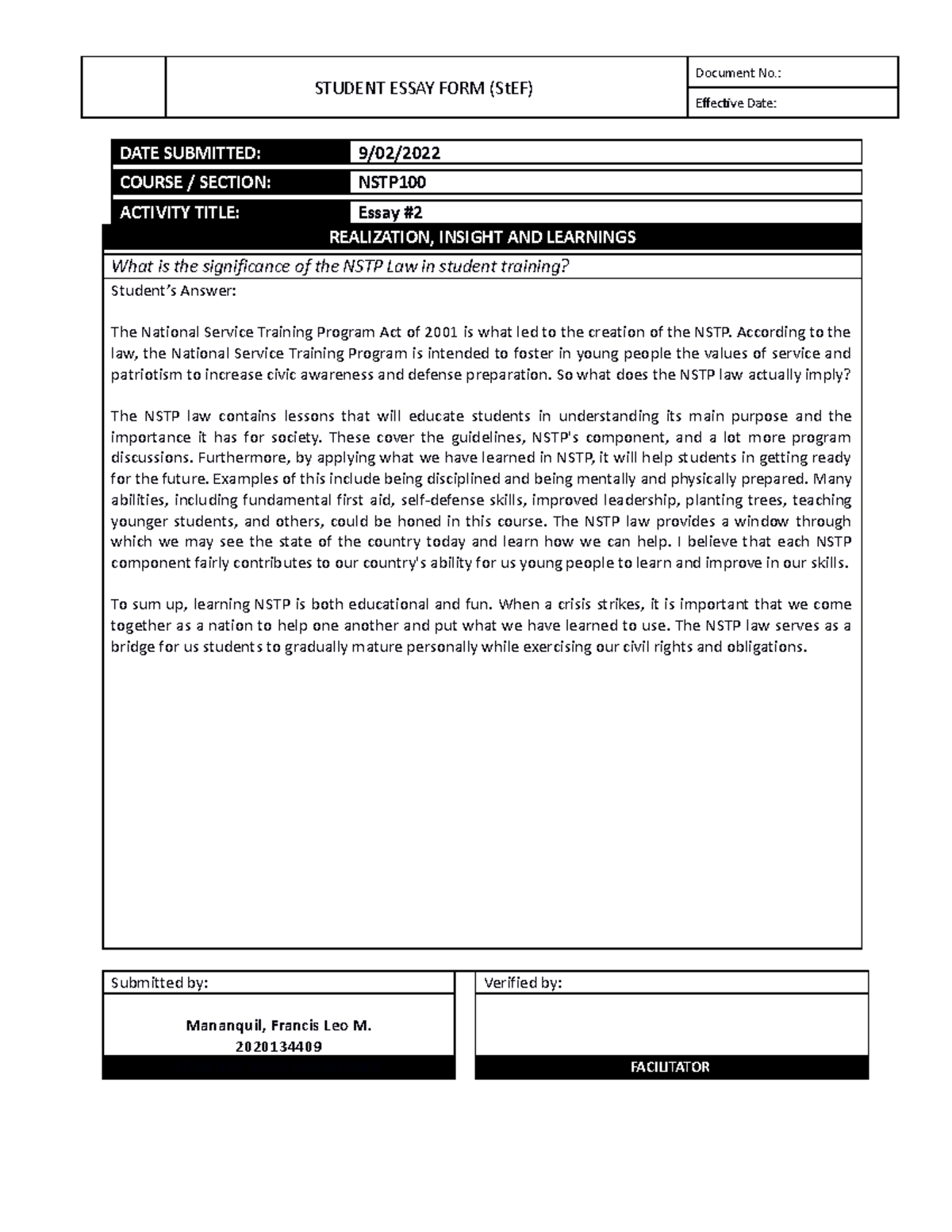 Form - NSTP1 00 Essay #2 - FOR NSTP PURPOSES. - STUDENT ESSAY FORM ...
