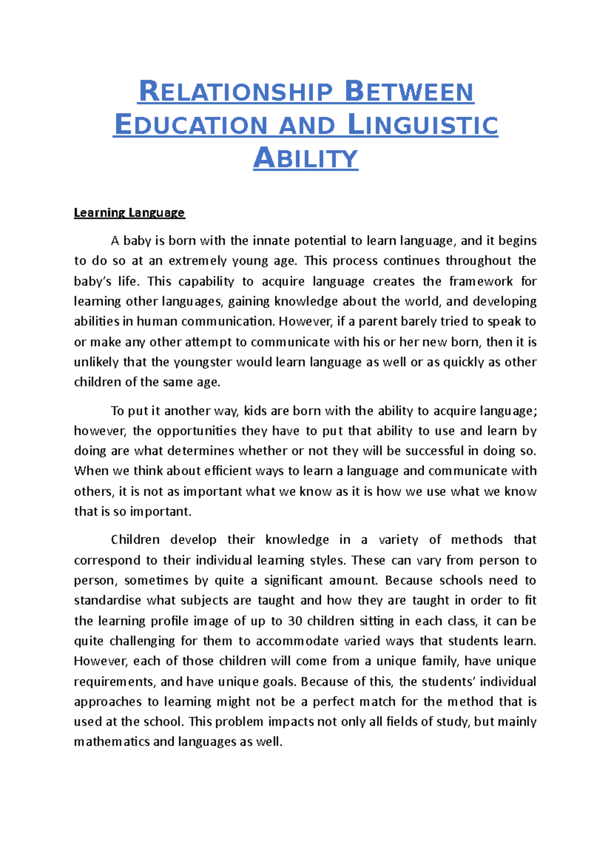 Relationship Between Education AND Linguistic Ability - R ELATIONSHIP ...