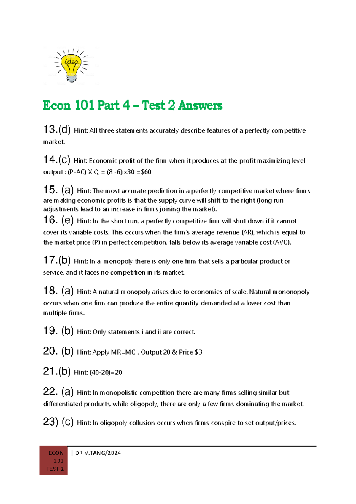 Answers TEST 2- Econ 101 Part 4 - ECON 101 TEST 2 | DR V/ Econ 101 Part ...