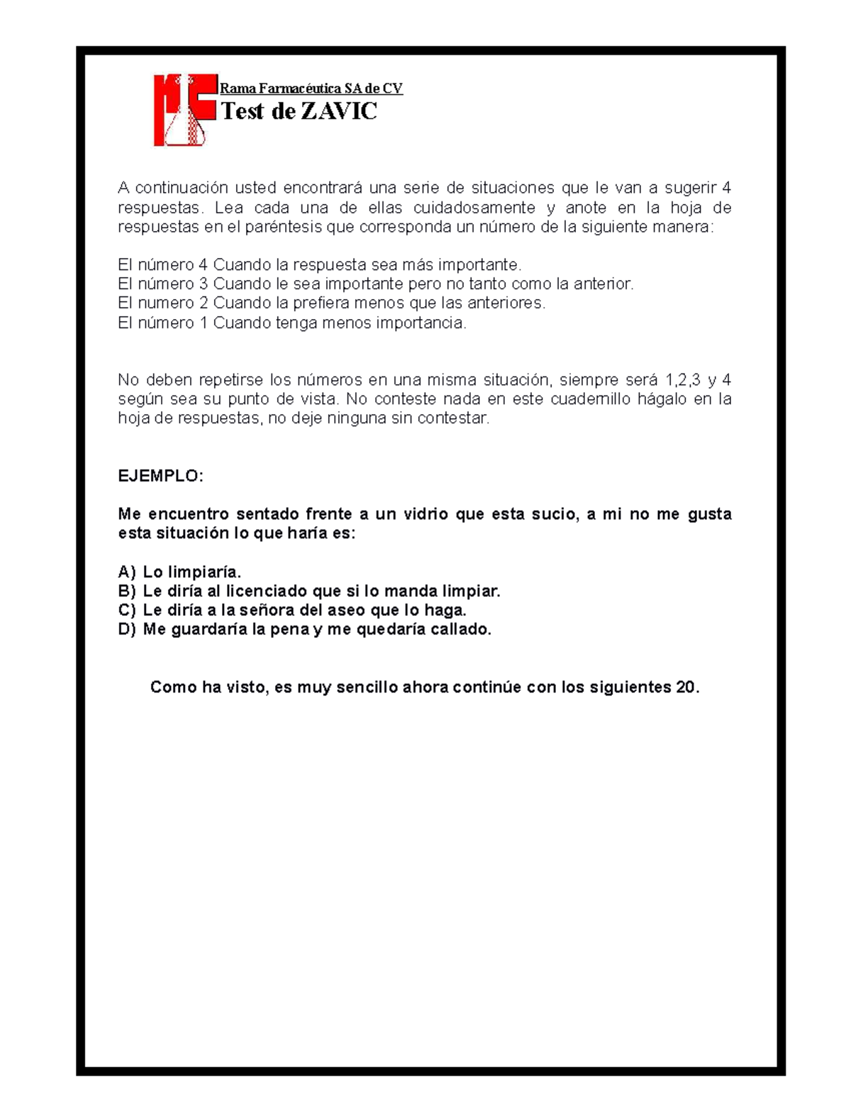 Test de Zavic - ttyyu - A continuación usted encontrará una serie de ...