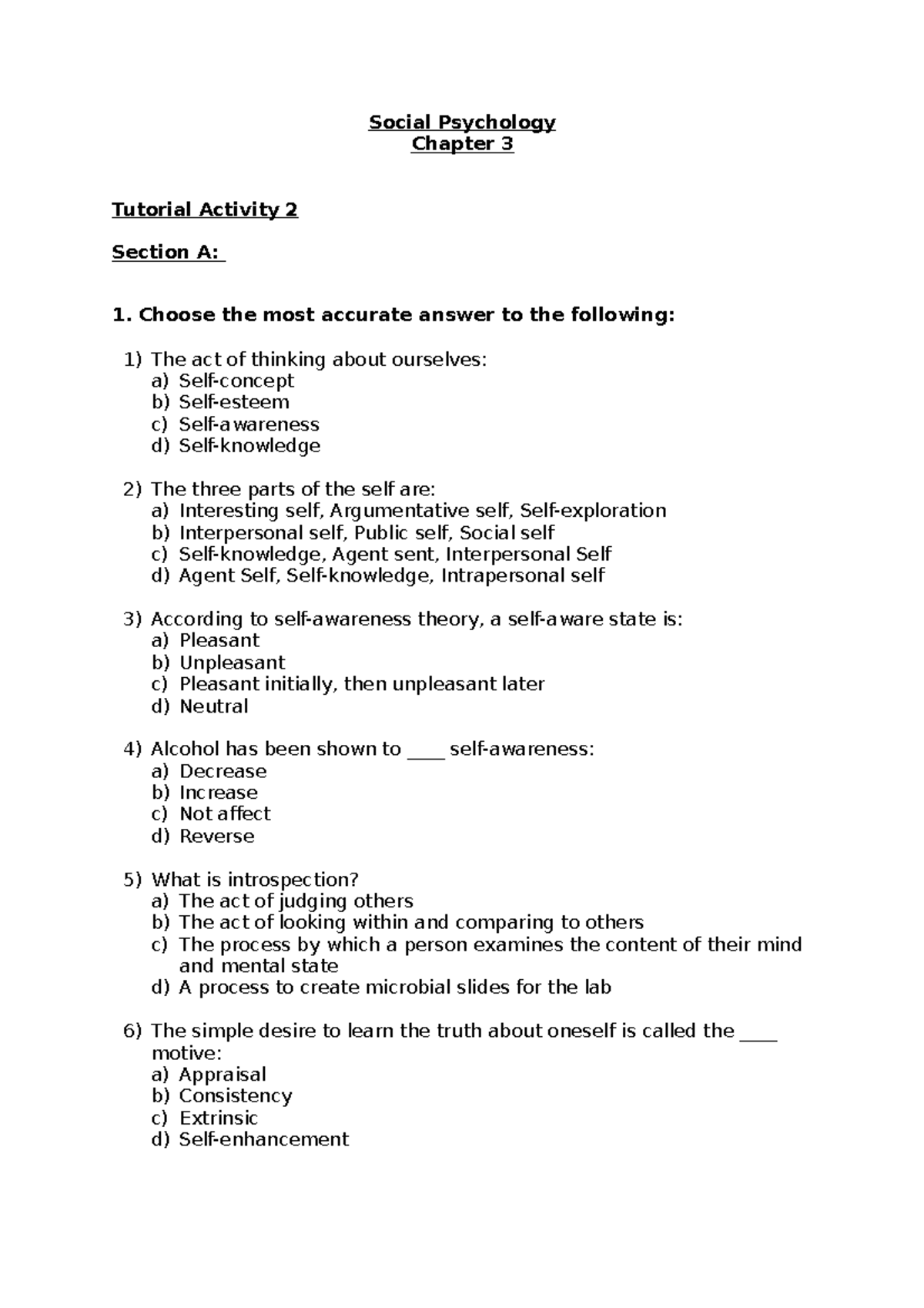 Tutorial Activity Chapter 3 Social Psychology Chapter 3 Tutorial Activity 2 Section A Choose