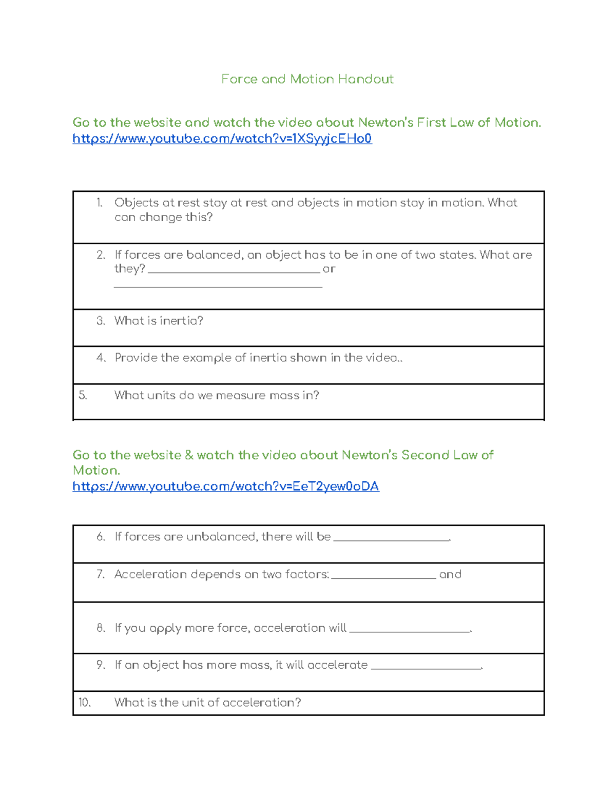 Forces and Motion Newtons 3 Laws - Force and Motion Handout Go to the ...