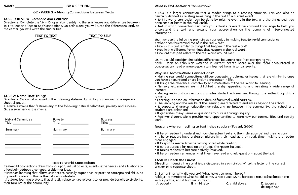 Q2 – WEEK 2 – Making Connections between Texts ( text to world) - NAME ...