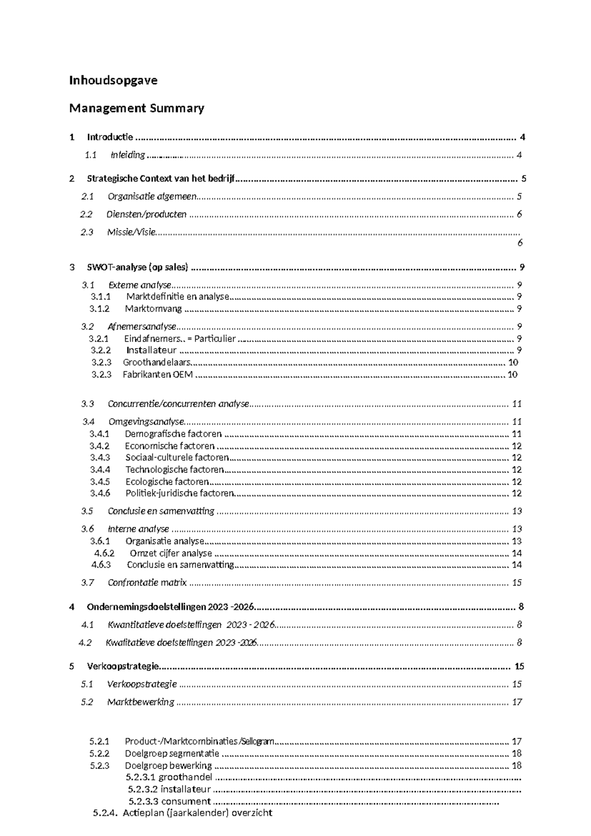 Voorbeeld mogelijke structuur strategisch verkoopplan - Inhoudsopgave 5 ...