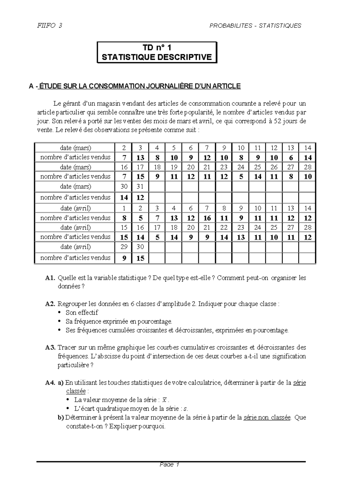 Ex statistique descriptive - TD n° 1 STATISTIQUE DESCRIPTIVE A - ÉTUDE ...