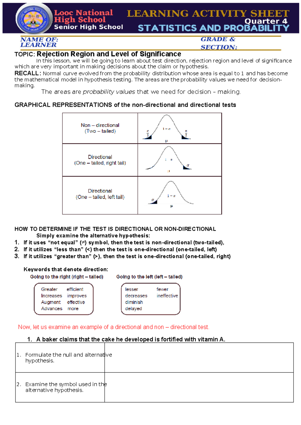 Rejection region and level significance - TOPIC: Rejection Region and ...