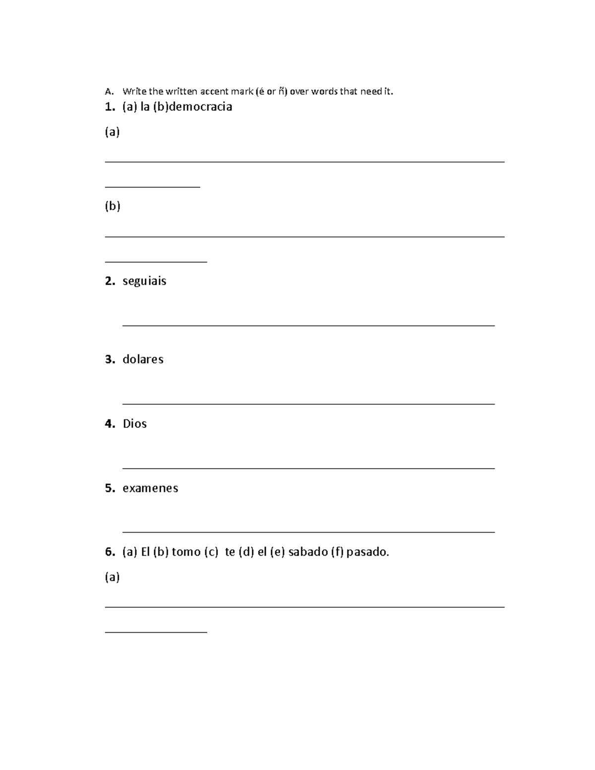 Accent Mark Practice 2023 - A. Write the written accent mark (é or ñ ...