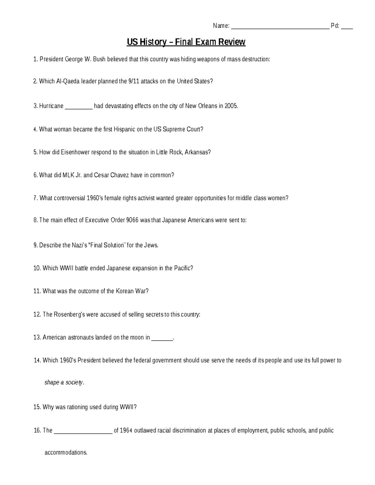 Spring Final Exam Review - Name: ________________________________ Pd ...