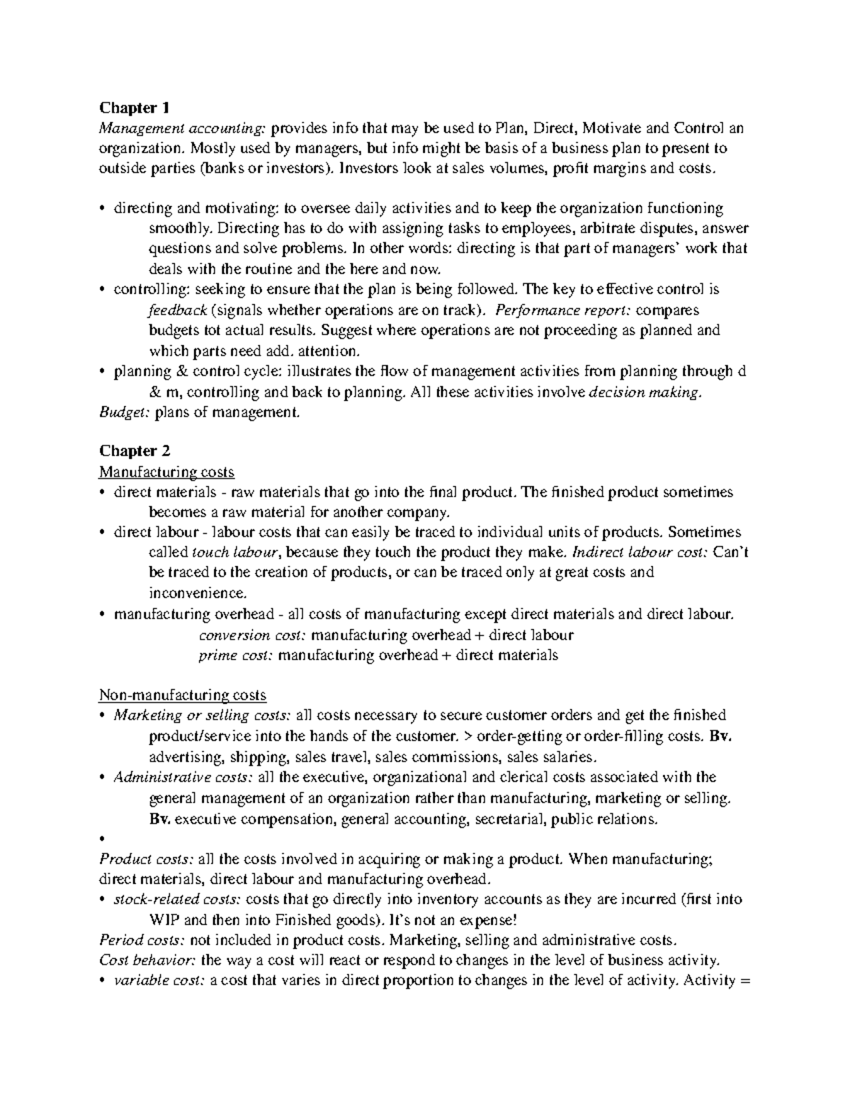 Summary accounting for management control - Chapter 1 Management ...