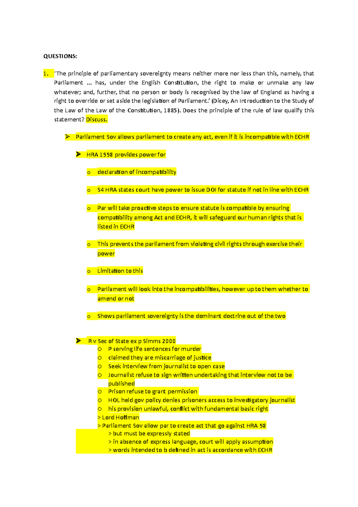 Tutorial Rule of Law - laww - QUESTIONS: ‘The principle of parliamentary sovereignty means ...