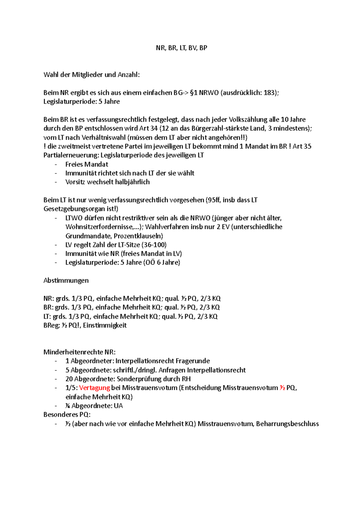 Zusammenfassung Organisation im Bund - NR, BR, LT, BV, BP Wahl der ...