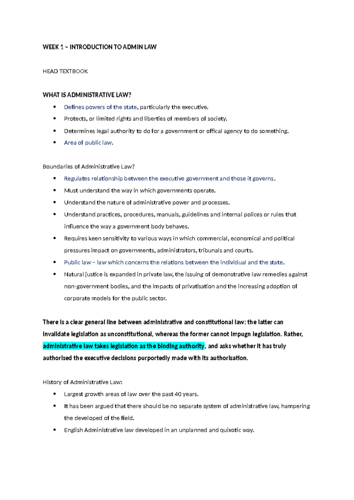 WEEK 1 - Reading Notes - WEEK 1 – INTRODUCTION TO ADMIN LAW HEAD ...
