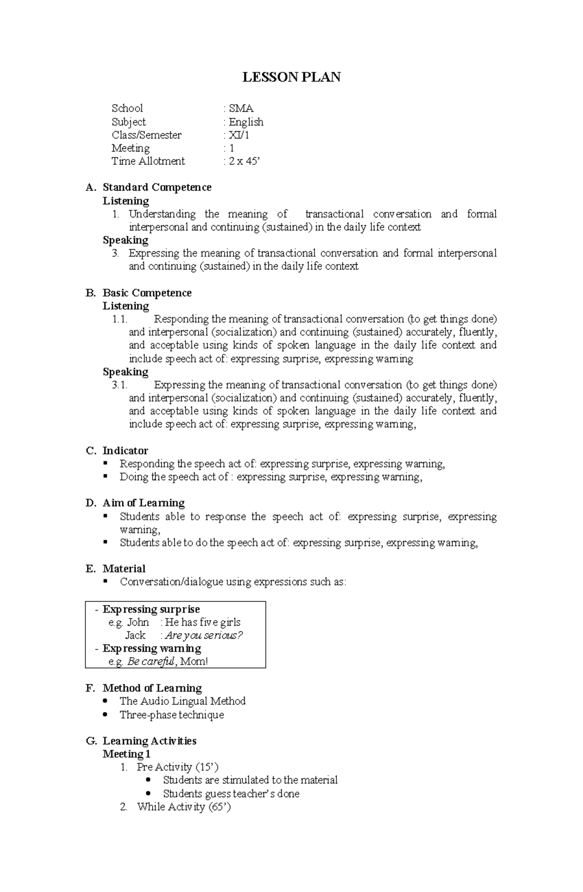 56451897 Lesson Plan Tefl - LESSON PLAN School : SMA Subject : English ...