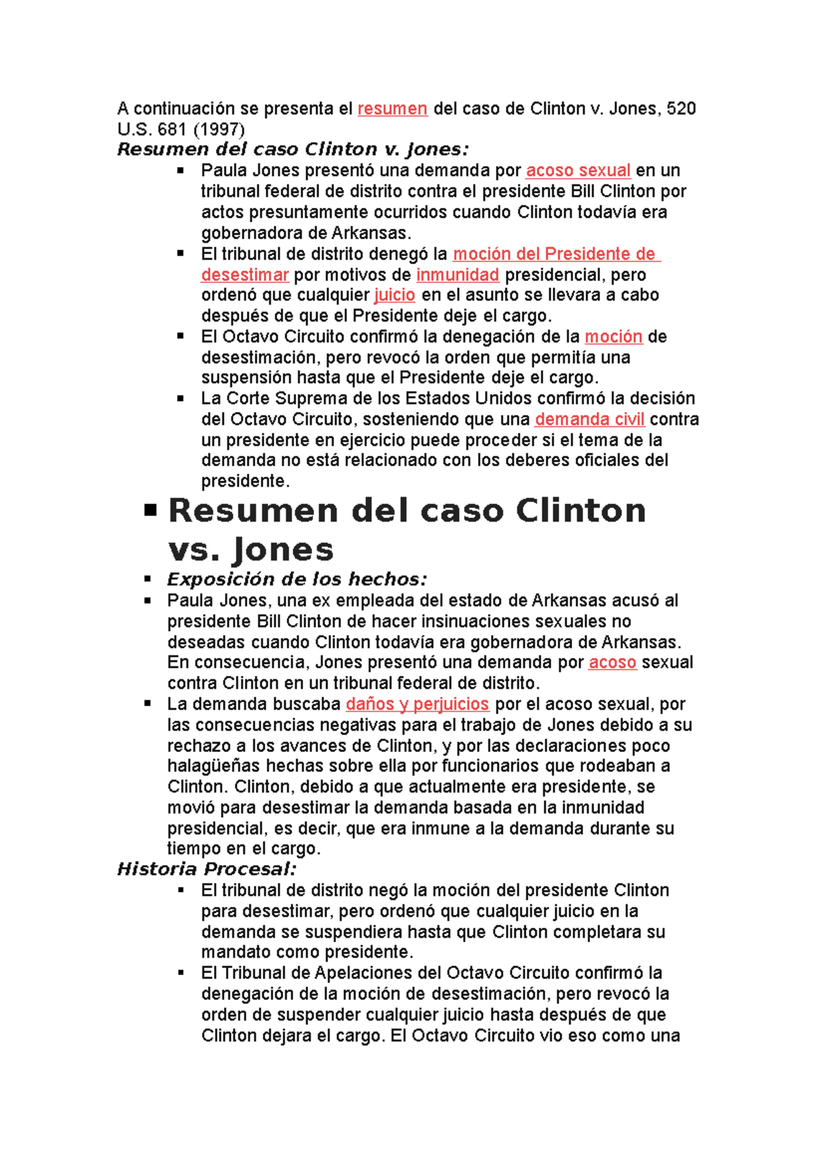 Clinton vs jones - A continuación se presenta el resumen del caso de ...
