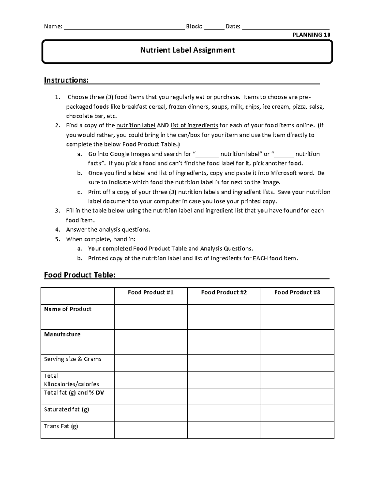 Nutrient-label-assignment - PLANNING 10 Nutrient Label Assignment - Studocu