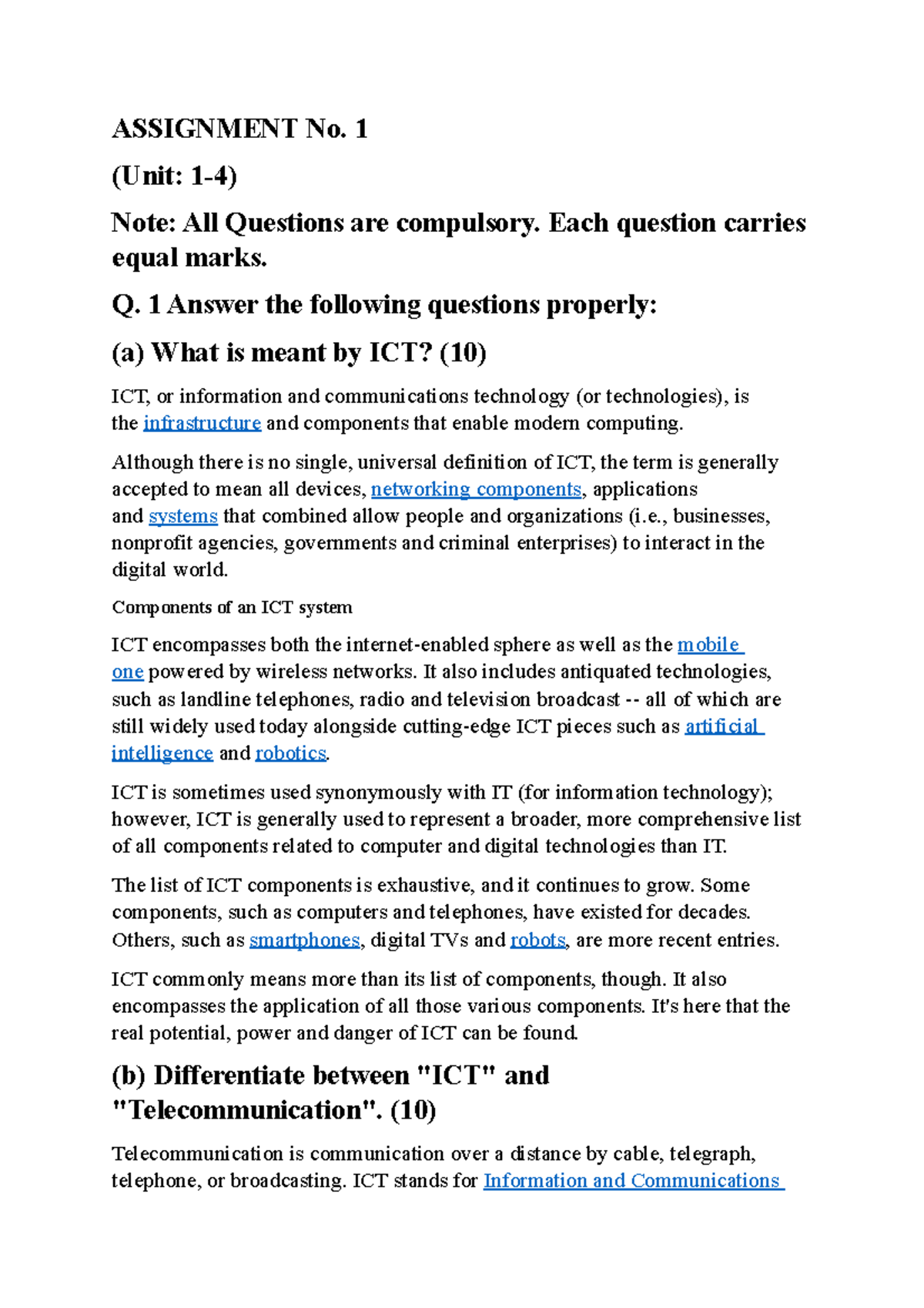 Assignment 1 - excellent wala scene hy - ASSIGNMENT No. 1 (Unit: 1-4) Note: All Questions are ...