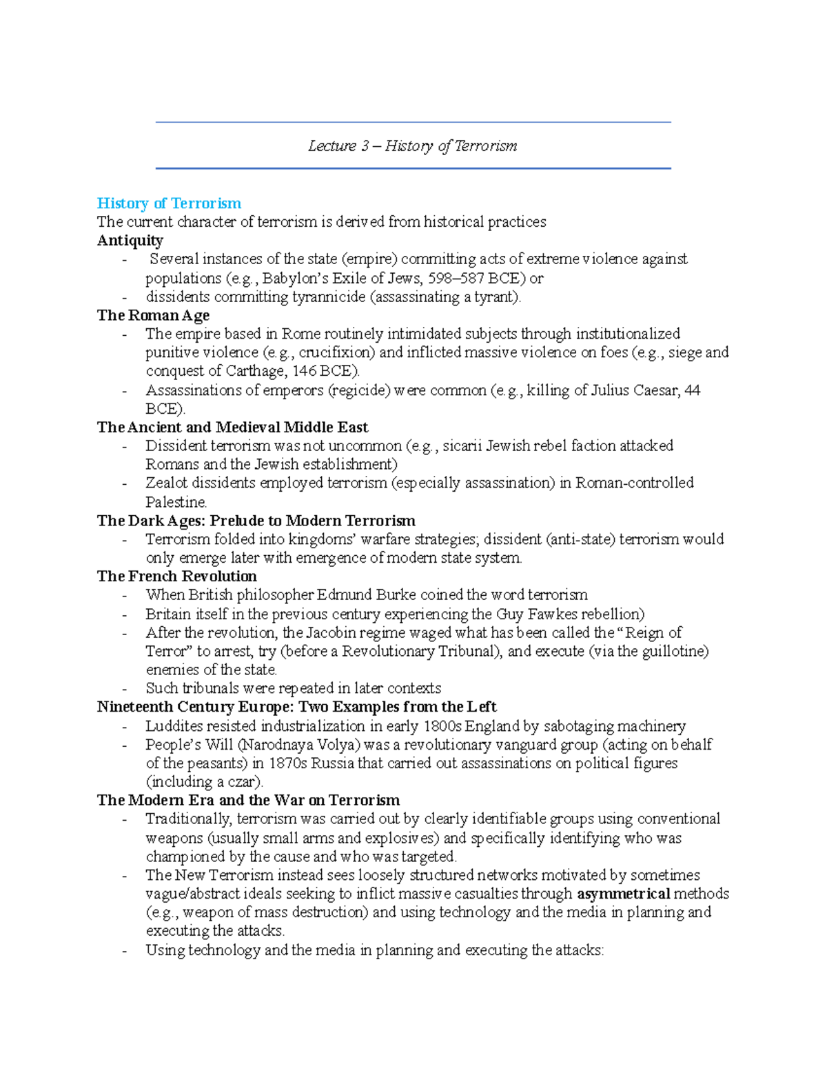Lecture 3 - History of Terrorism - Lecture 3 – History of Terrorism ...