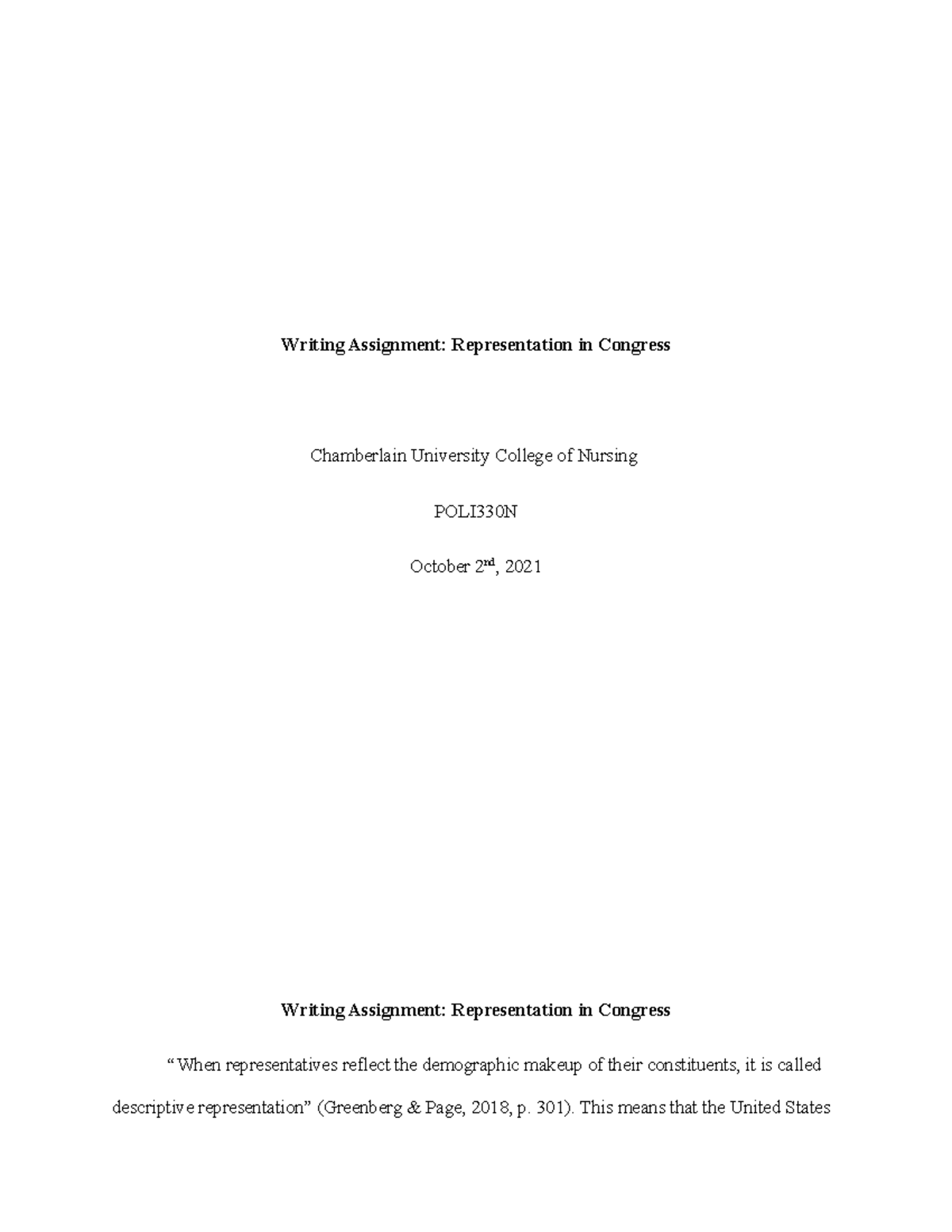 Assignment week 5 - Writing Assignment: Representation in Congress ...