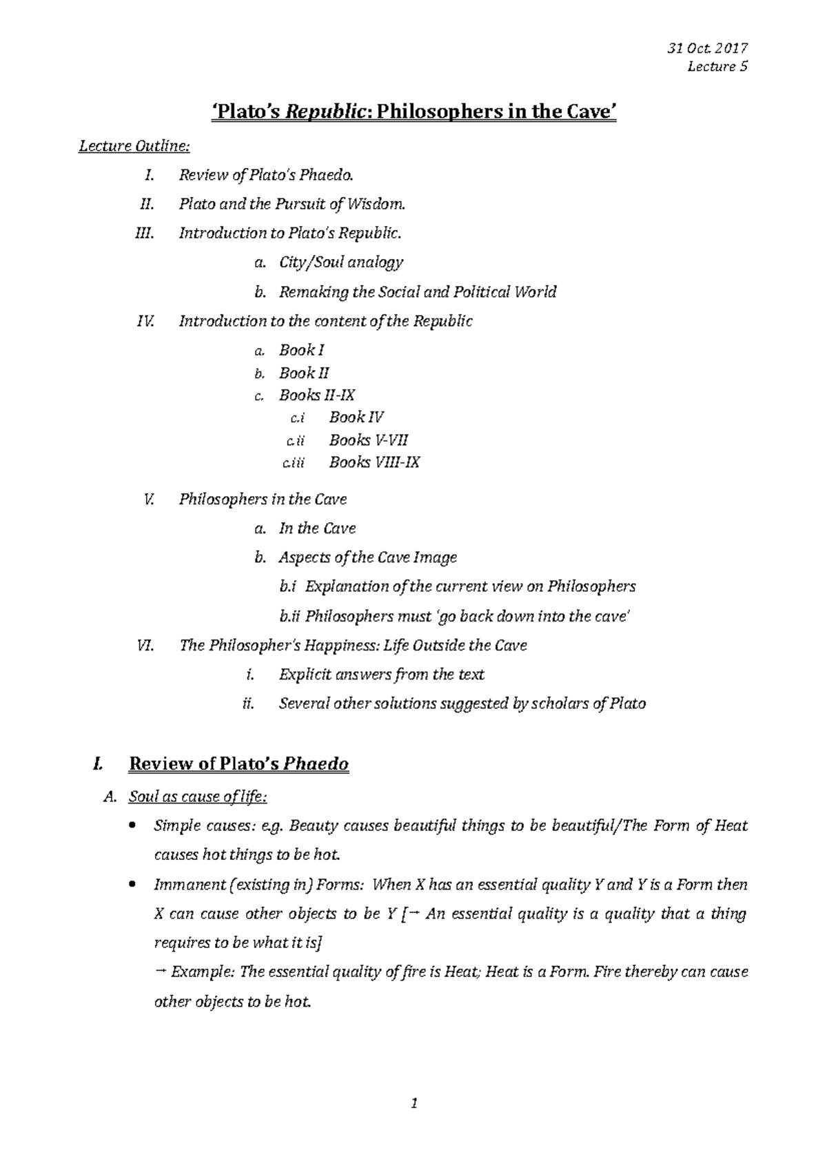 Lecture 5 Plato's Republic - 31 Oct. 2017 Lecture 5 ‘Plato’s Republic ...
