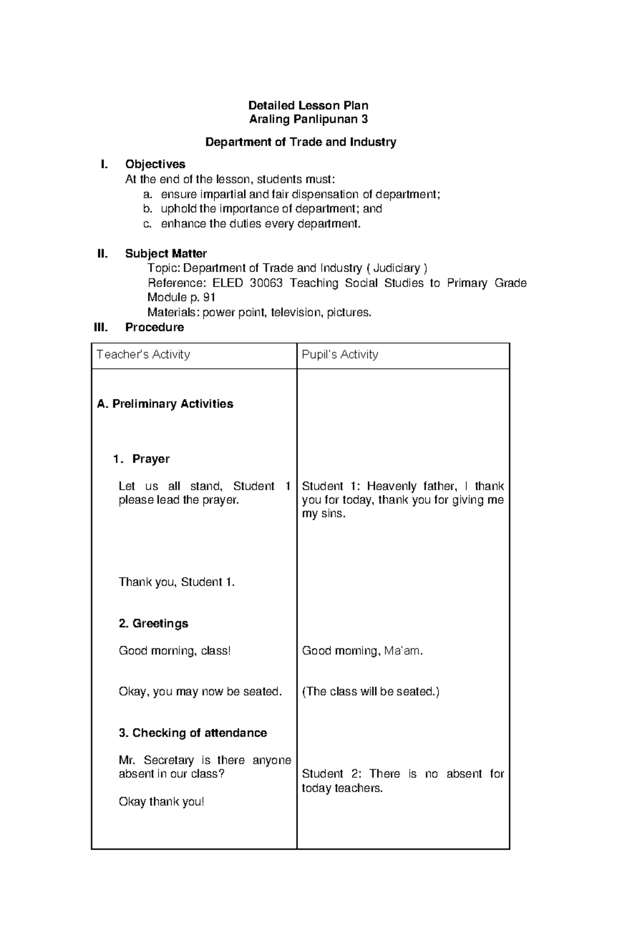 dlp social stud - Detailed Lesson Plan Araling Panlipunan 3 Department ...