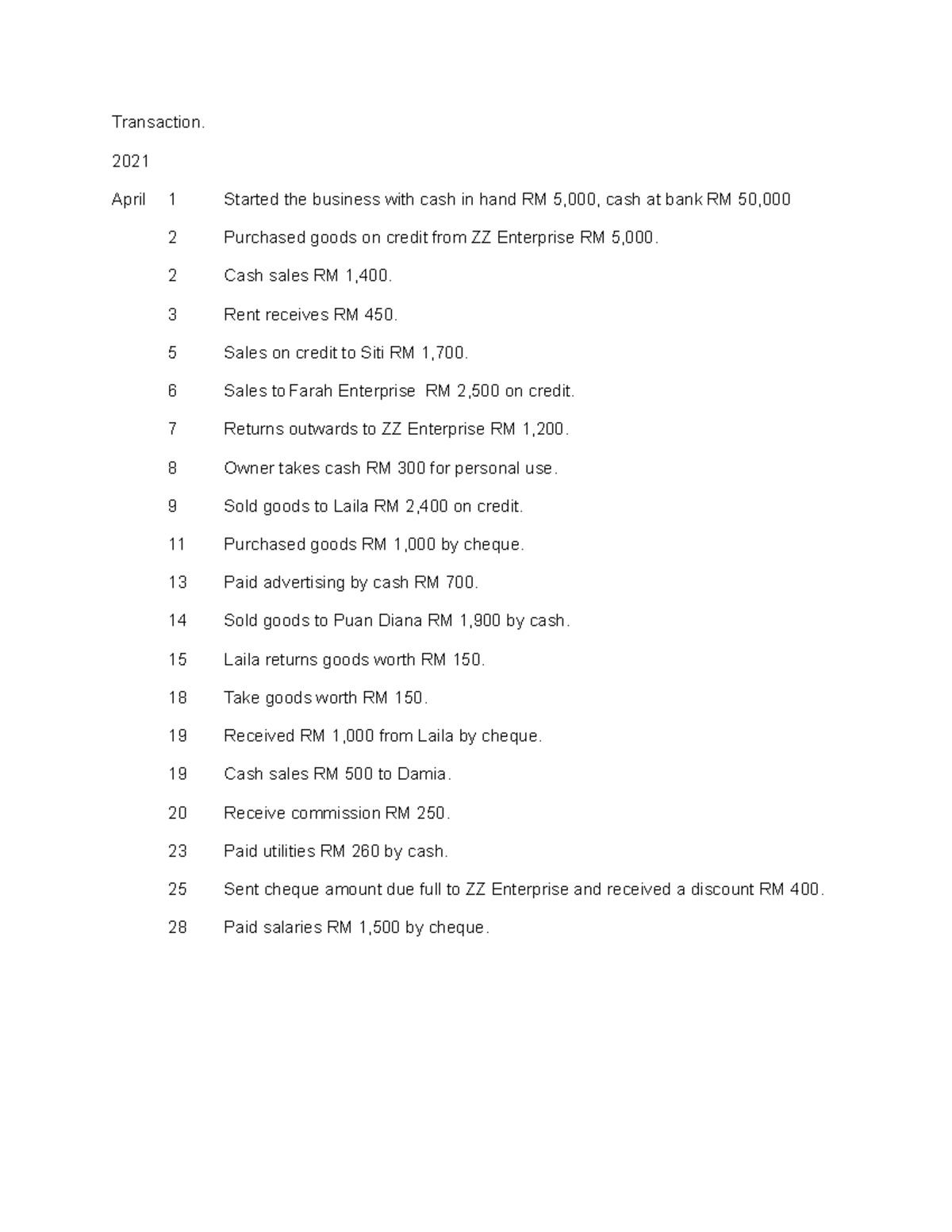 Project Acc 2 - Transaction. 2021 April 1 Started the business with ...