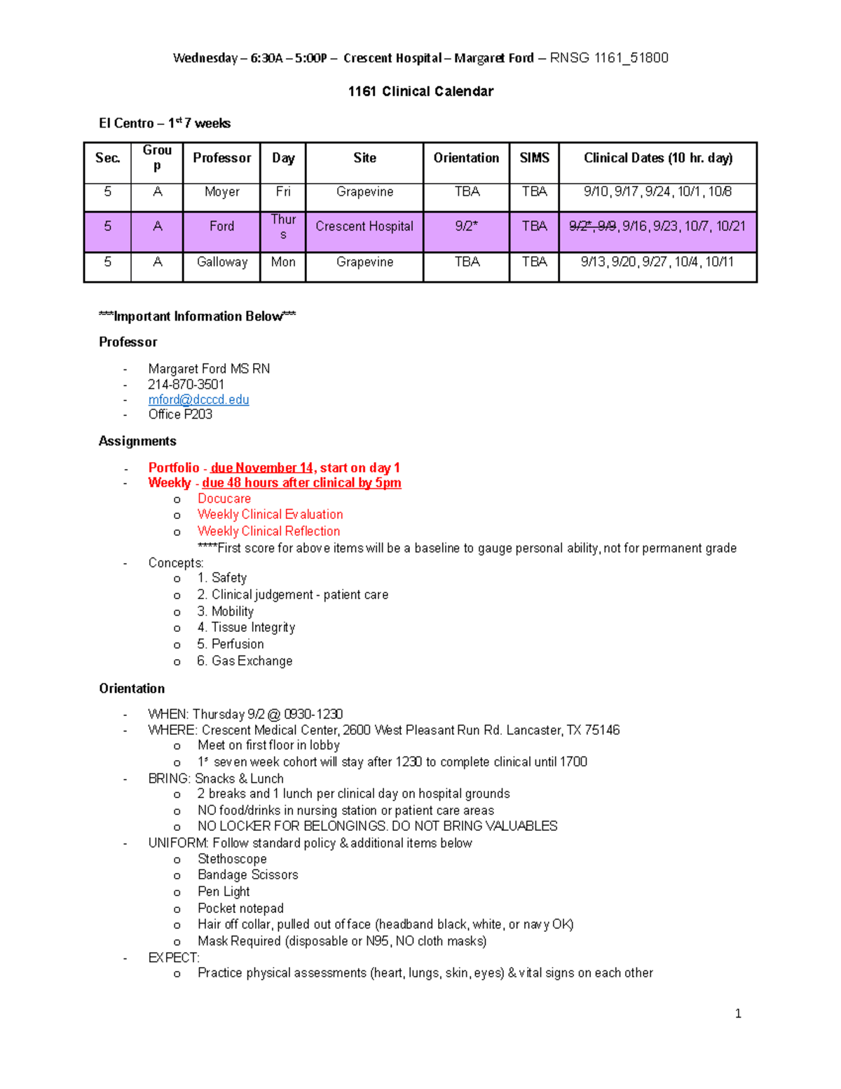 Clinical Calendar Ford 1161 51800 - Wednesday – 6:30A – 5:00P ...