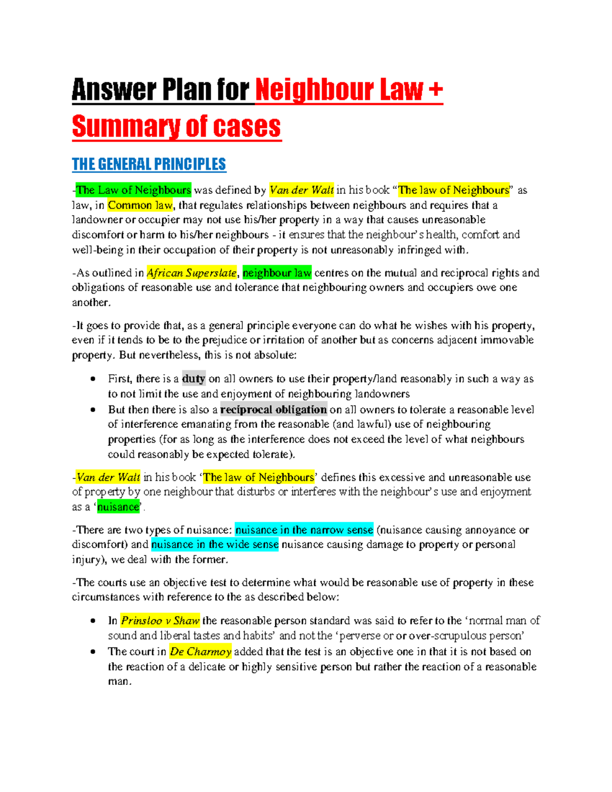 Answer PLAN - Neighbour LAW - Answer Plan for Neighbour Law + Summary ...