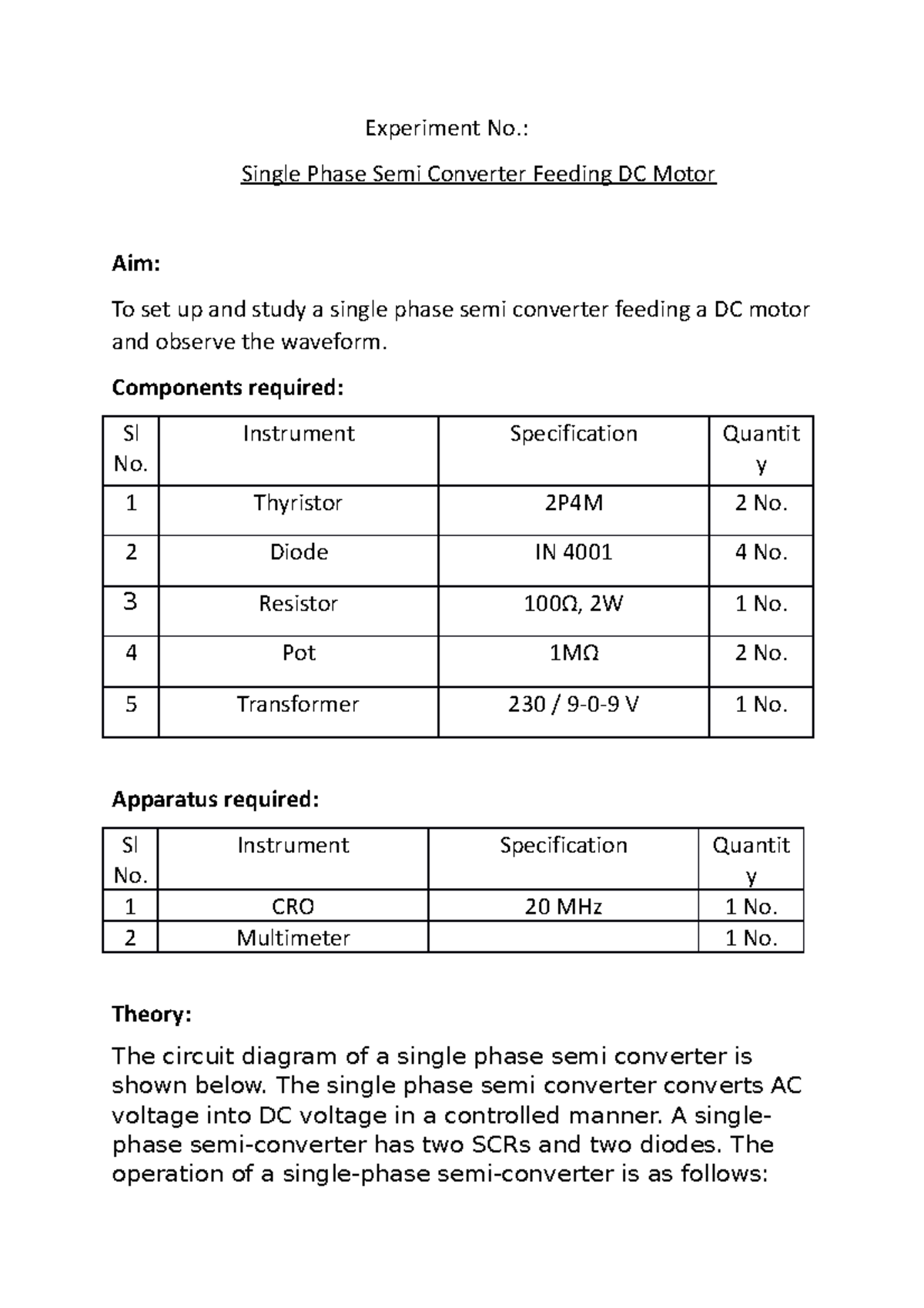 Experiment No - : Single Phase Semi Converter Feeding DC Motor Aim: To ...