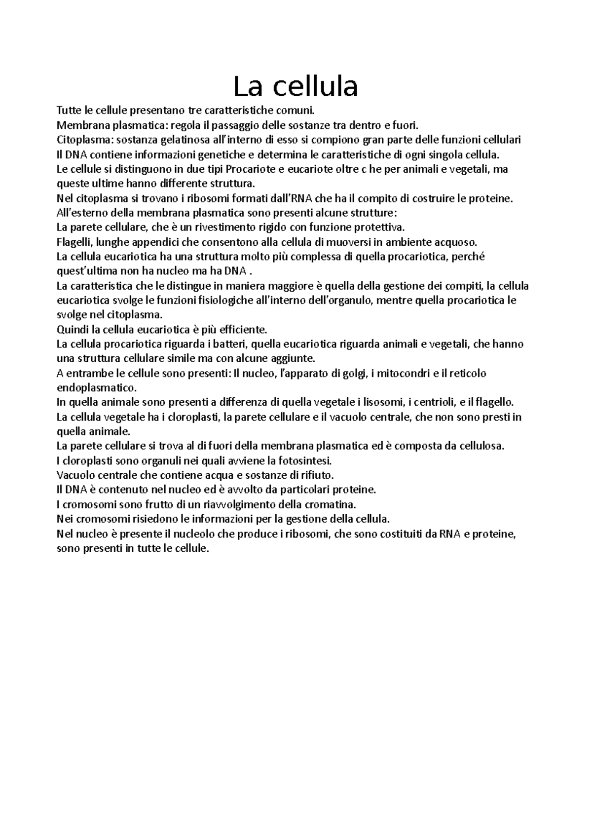 Cellula riassunto per esame - La cellula Tutte le cellule presentano ...