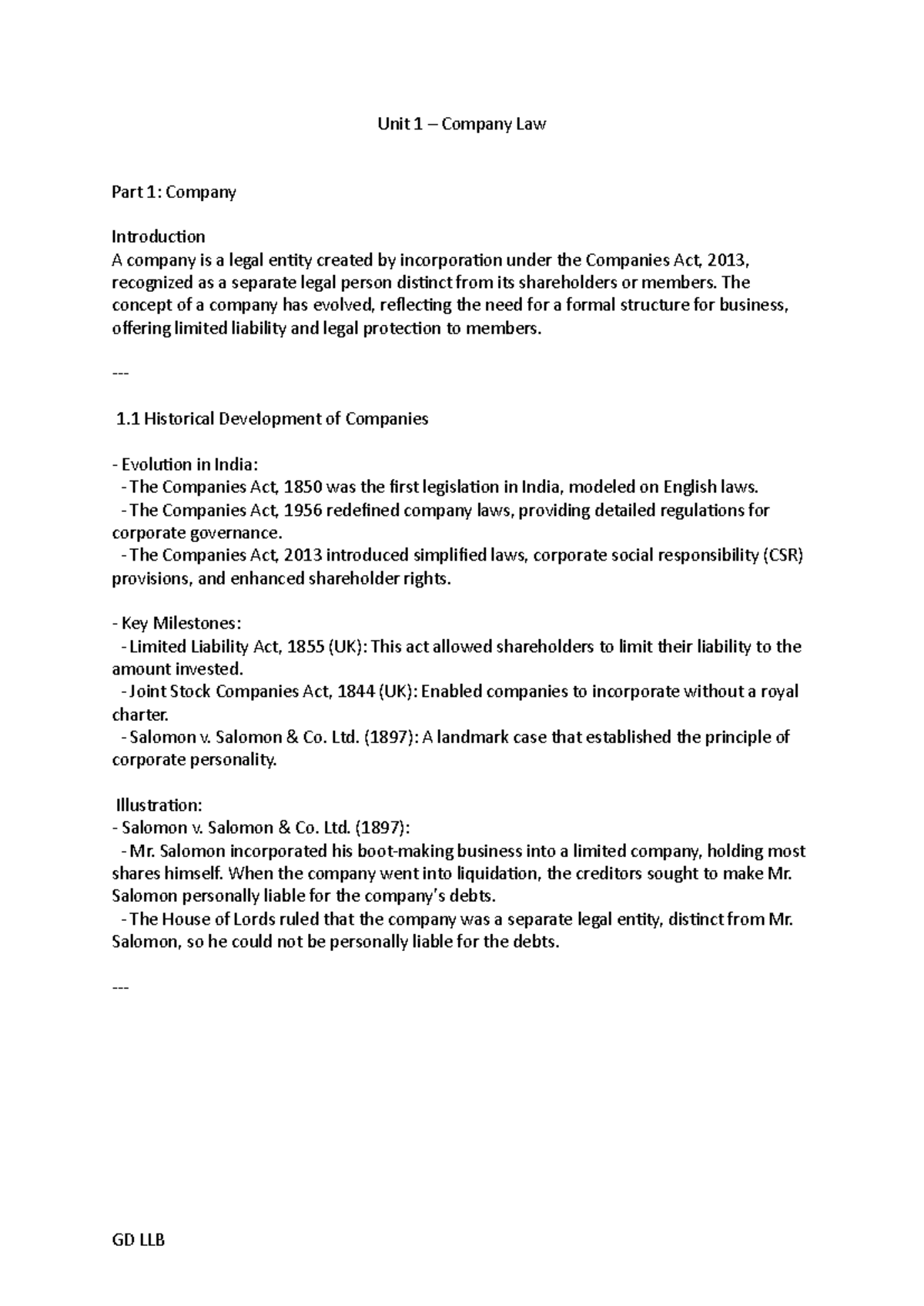 Company Law - Unit 1 - Unit 1 – Company Law Part 1: Company Introduc:on ...