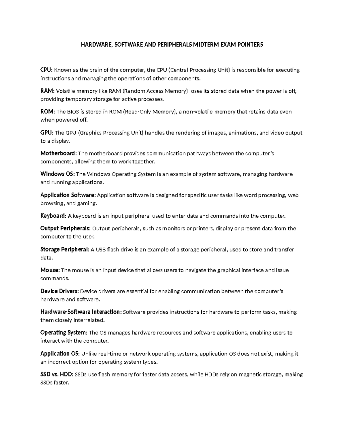 IT 214 HSP Pointers Midterm - HARDWARE, SOFTWARE AND PERIPHERALS MIDTERM EXAM POINTERS CPU ...