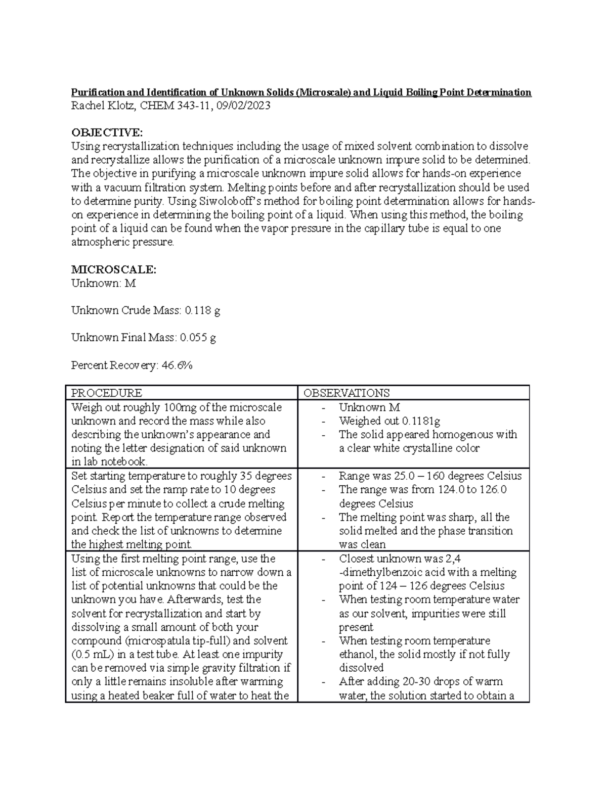 CHEM 343-11 Experiment 2 LAB Report - Purification and Identification ...