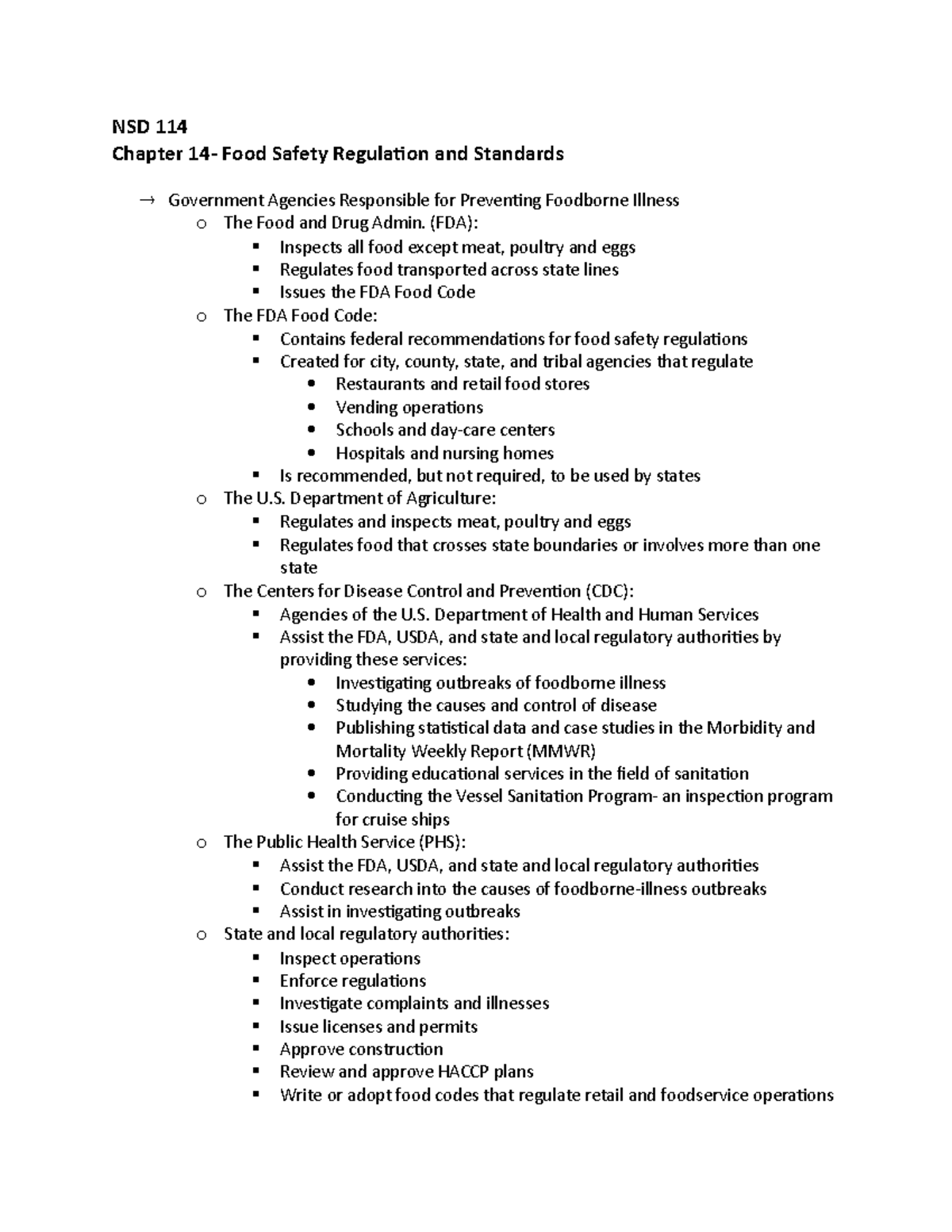 Chapter 14- lecture 14 - NSD 114 Chapter 14- Food Safety Regulation and ...