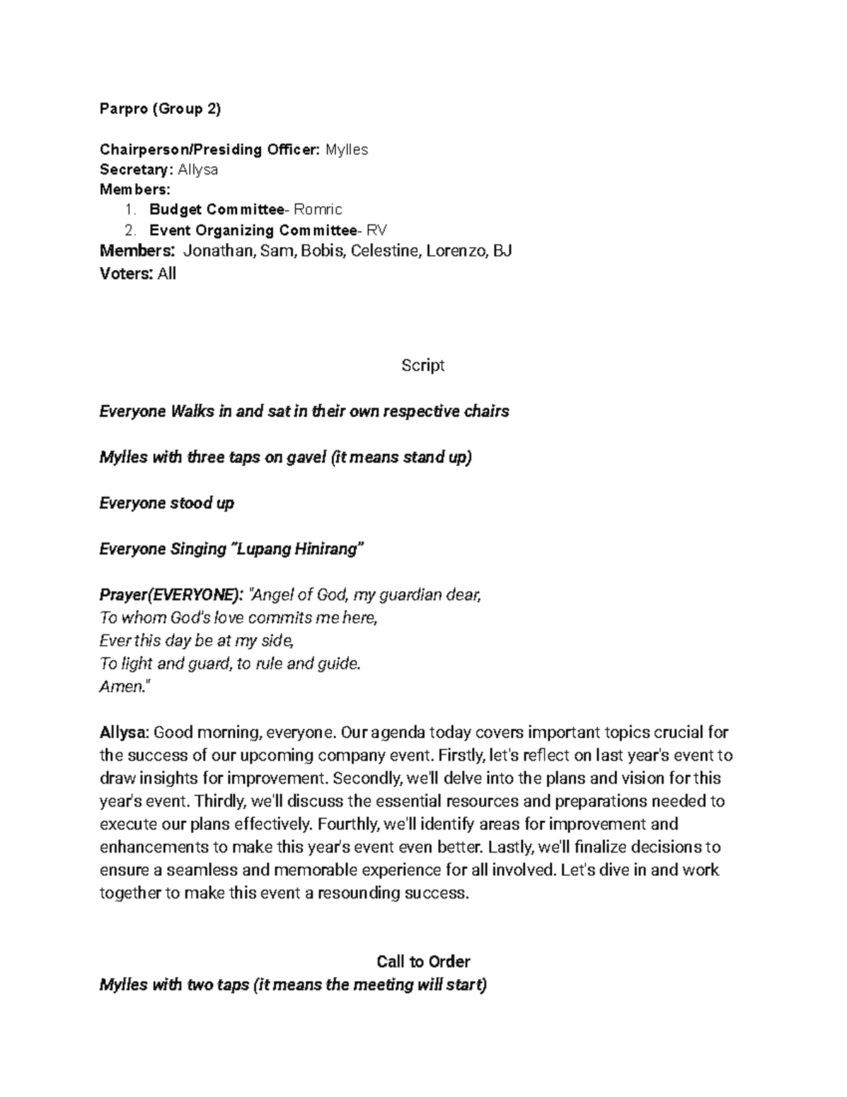 Skrip - Parpro (Group 2) Chairperson/Presiding Officer: Mylles ...