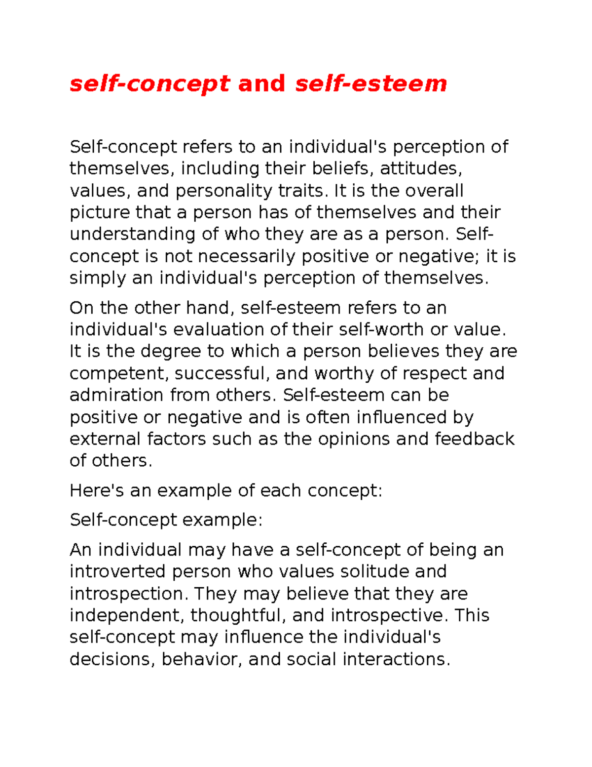 Document 66 - essay - self-concept and self-esteem Self-concept refers ...