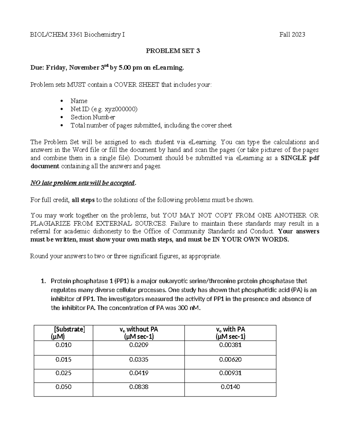 Biochem 3361-PS3-F23 - Ps2 - BIOL/CHEM 3361 Biochemistry I Fall 2023 PROBLEM SET 3 Due: Friday ...