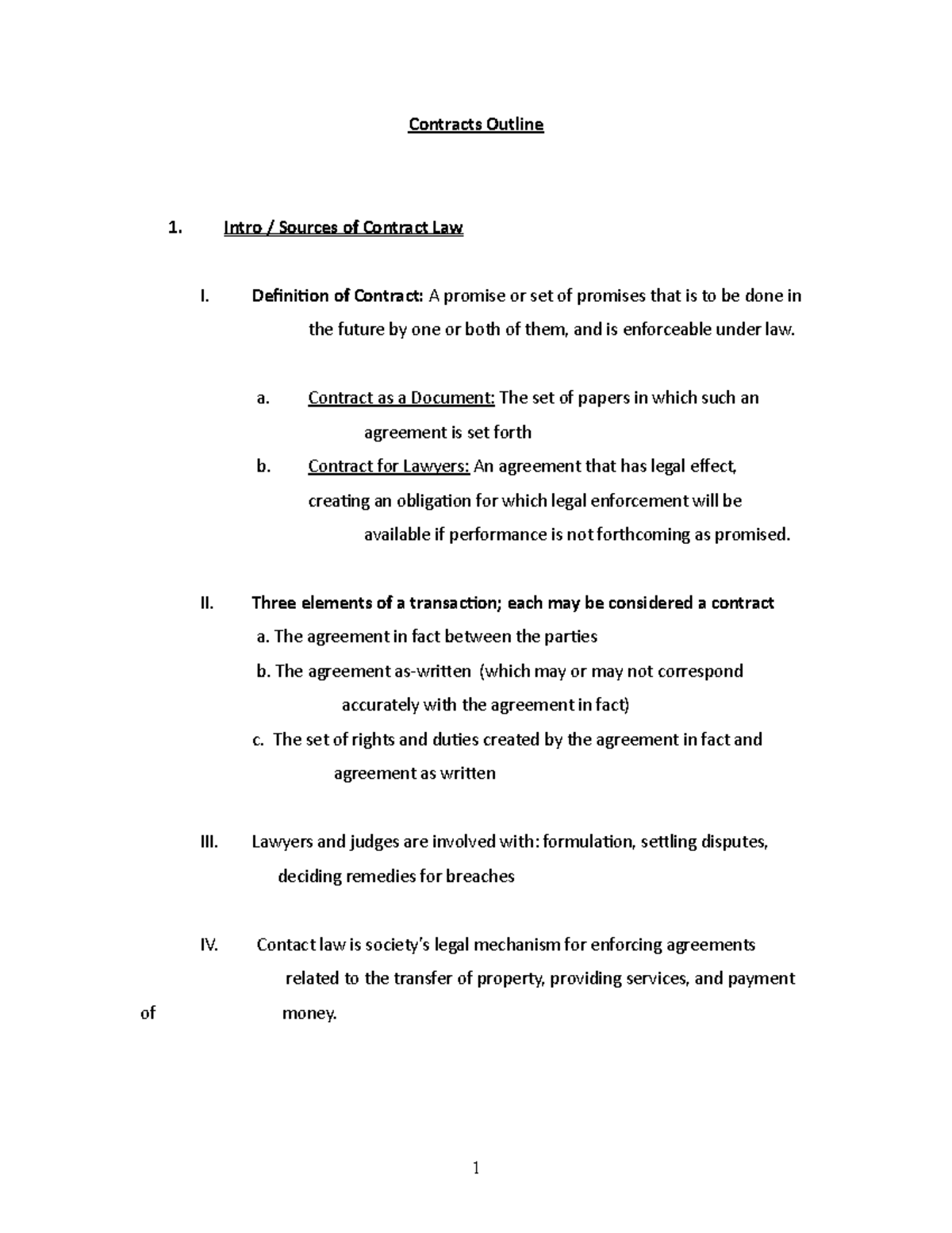 308034914 Contracts Outline Knapp - Contracts Outline 1. Intro ...